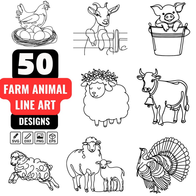 Farm Animal Line Art SVG Bundle | 50 One Line Farm Animal Clipart PNG ...