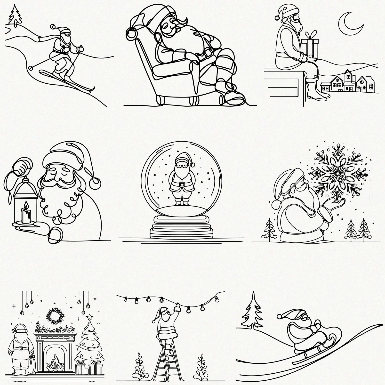 Santa Line Art Bundle – 50 Christmas Santa Claus One Line Drawings for ...