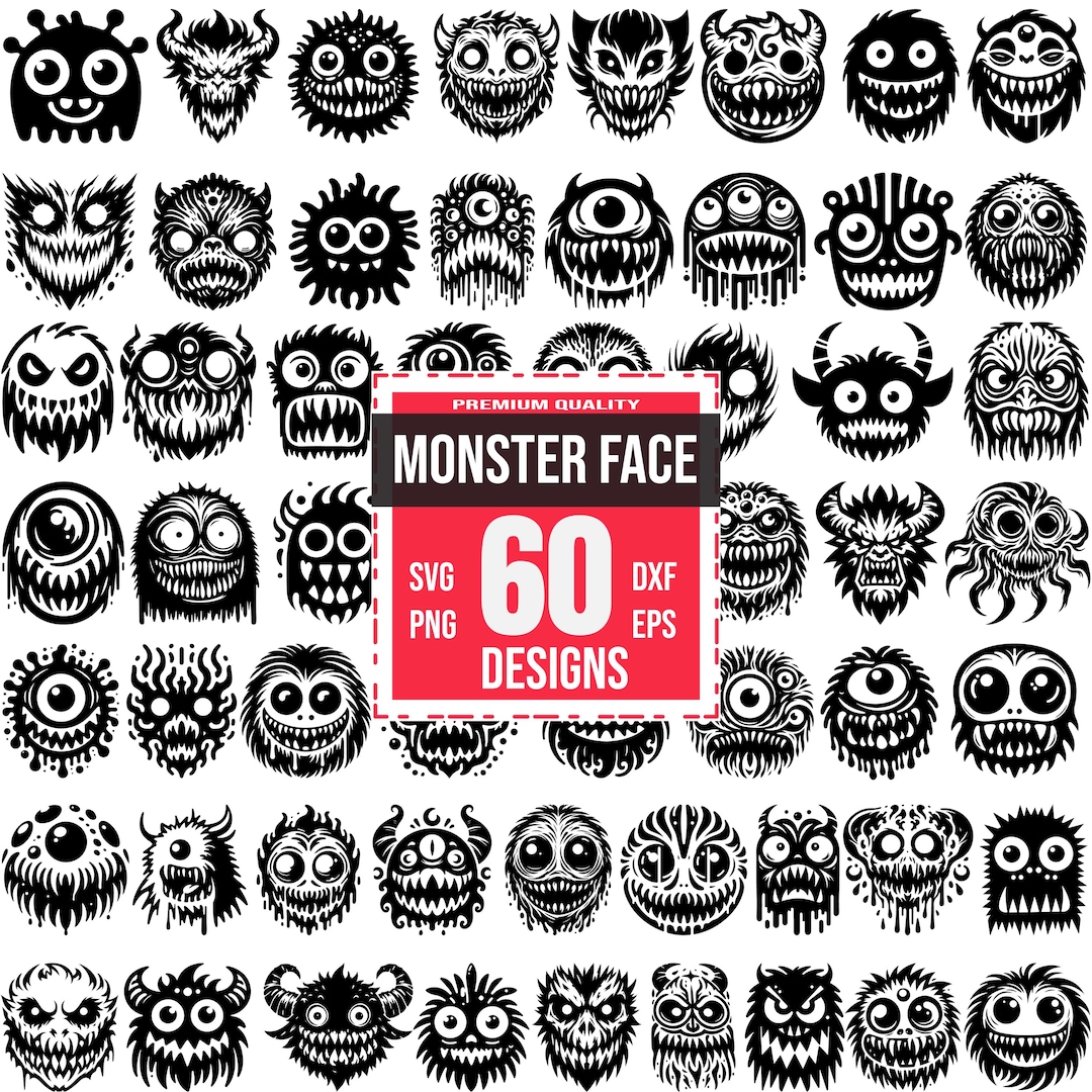 Monster Face SVG Bundle, 60 Scary & Cute Creature Designs, Horror ...