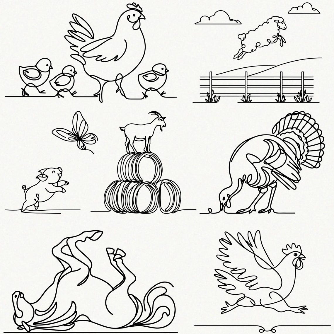Farm Animal Line Art SVG Bundle | 50 One Line Farm Animal Clipart PNG ...