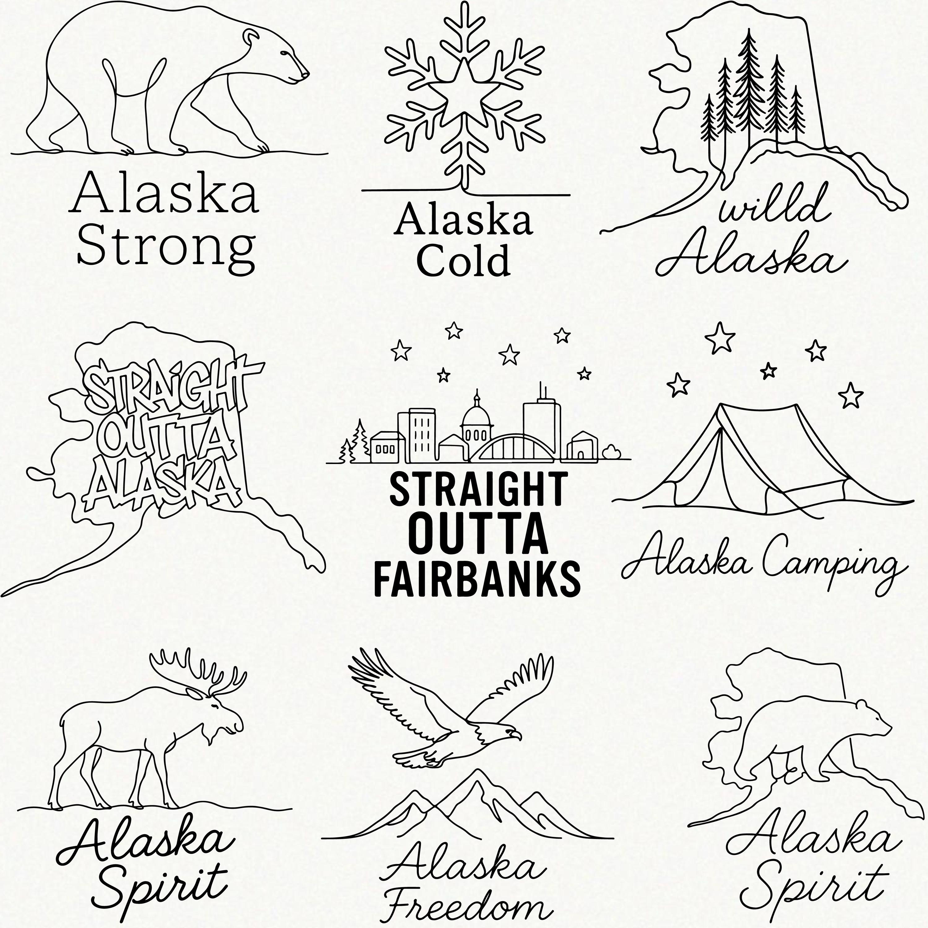 Alaska Line Art SVG Bundle – 50 State Pride, Wildlife, Fishing, and ...