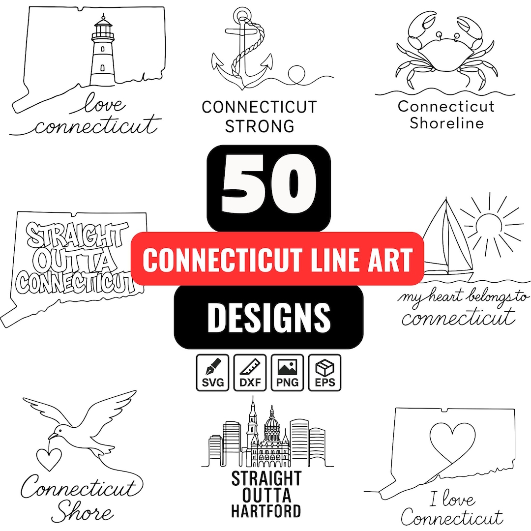 50 Connecticut Line Art SVG Bundle – State Outline, Hartford Skyline ...