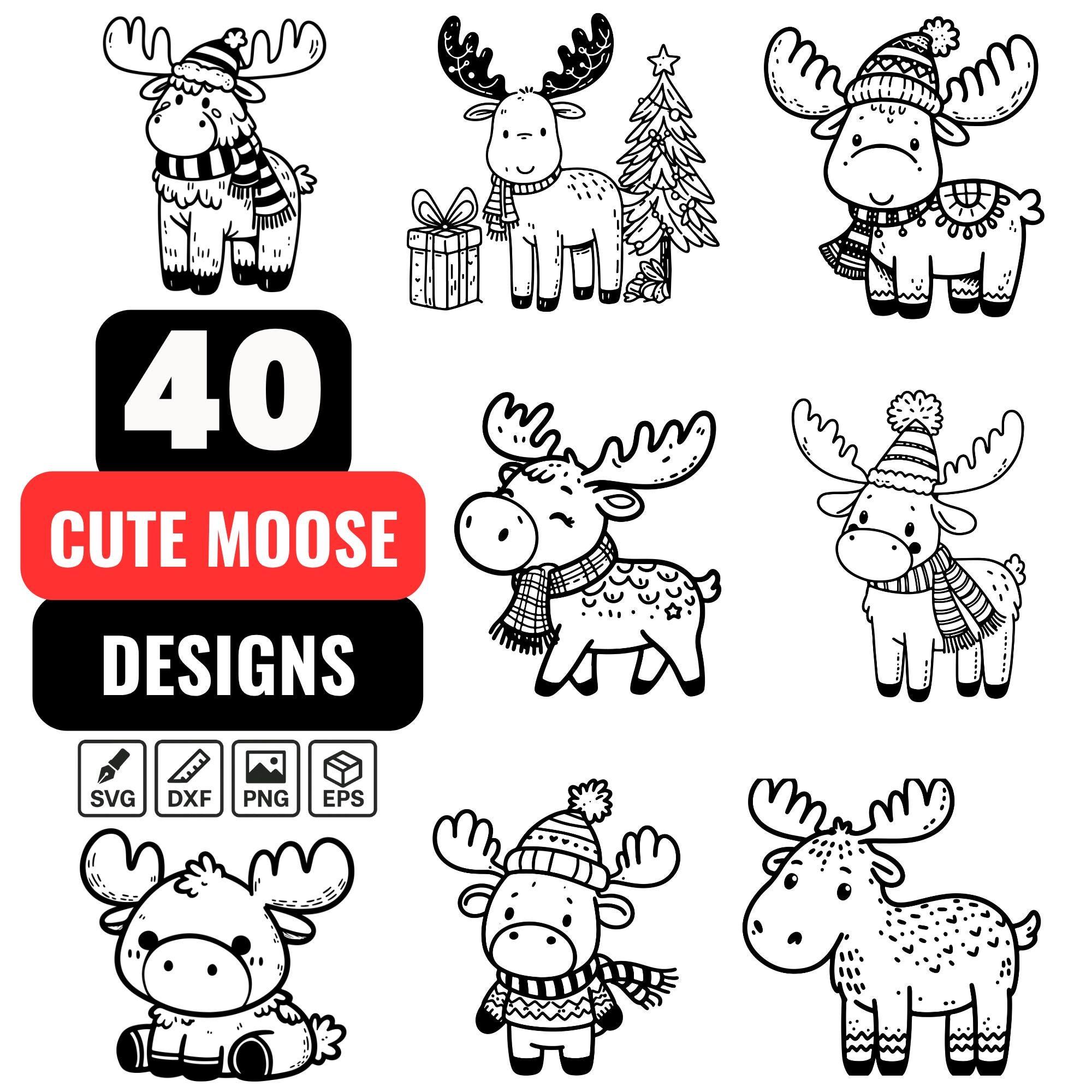 Cute Moose SVG Bundle, Kawaii Christmas Moose Clipart PNG, Baby Moose ...