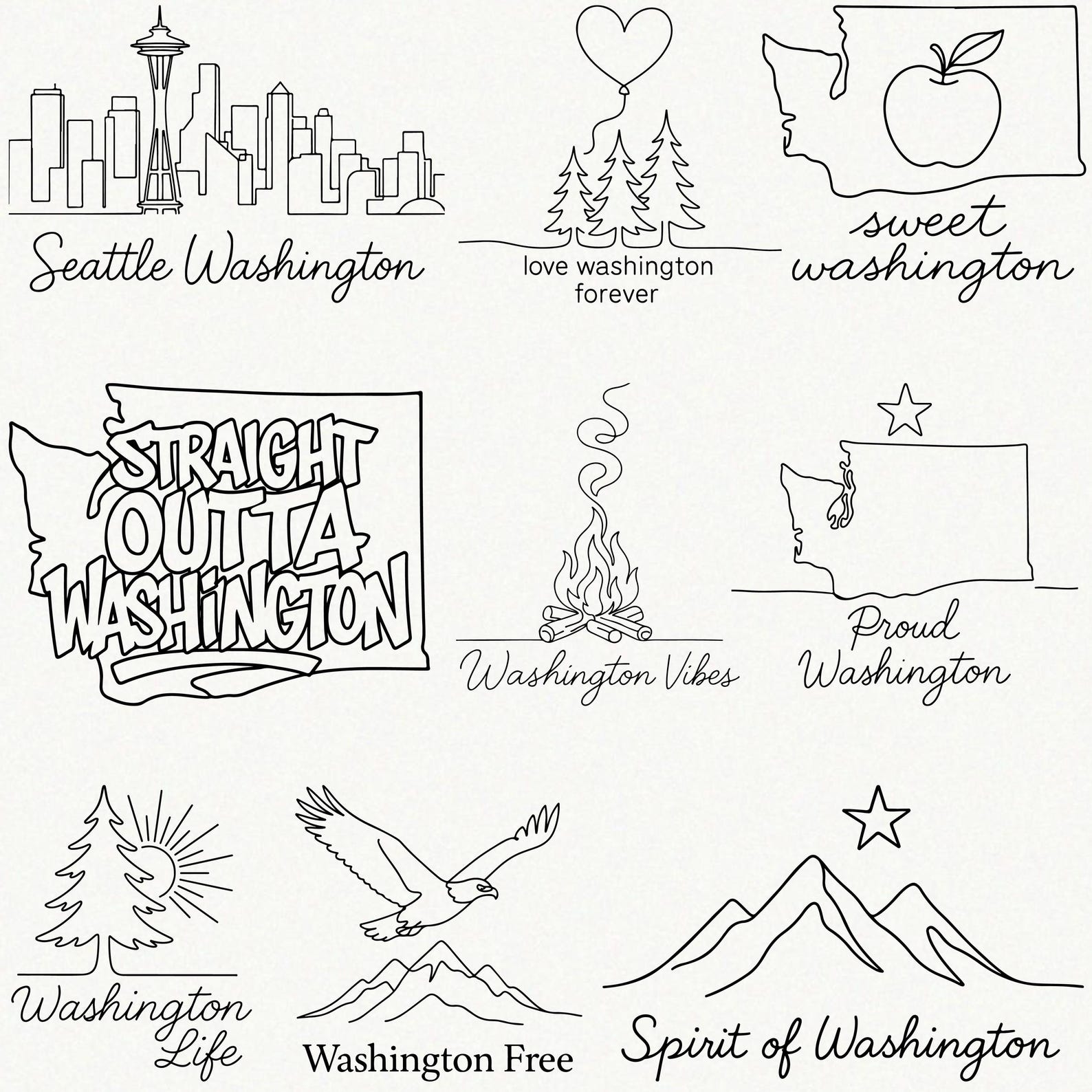 Washington Line Art SVG Bundle – 50 State Pride, Seattle Skyline ...