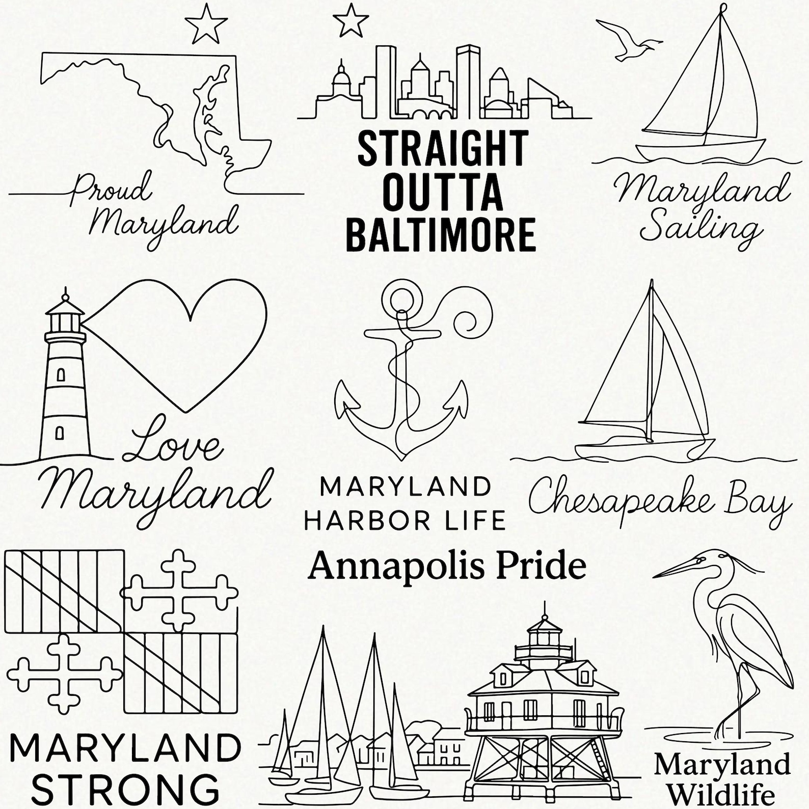 Maryland Line Art SVG Bundle – 50 State Pride, Crab, Lighthouse, and ...