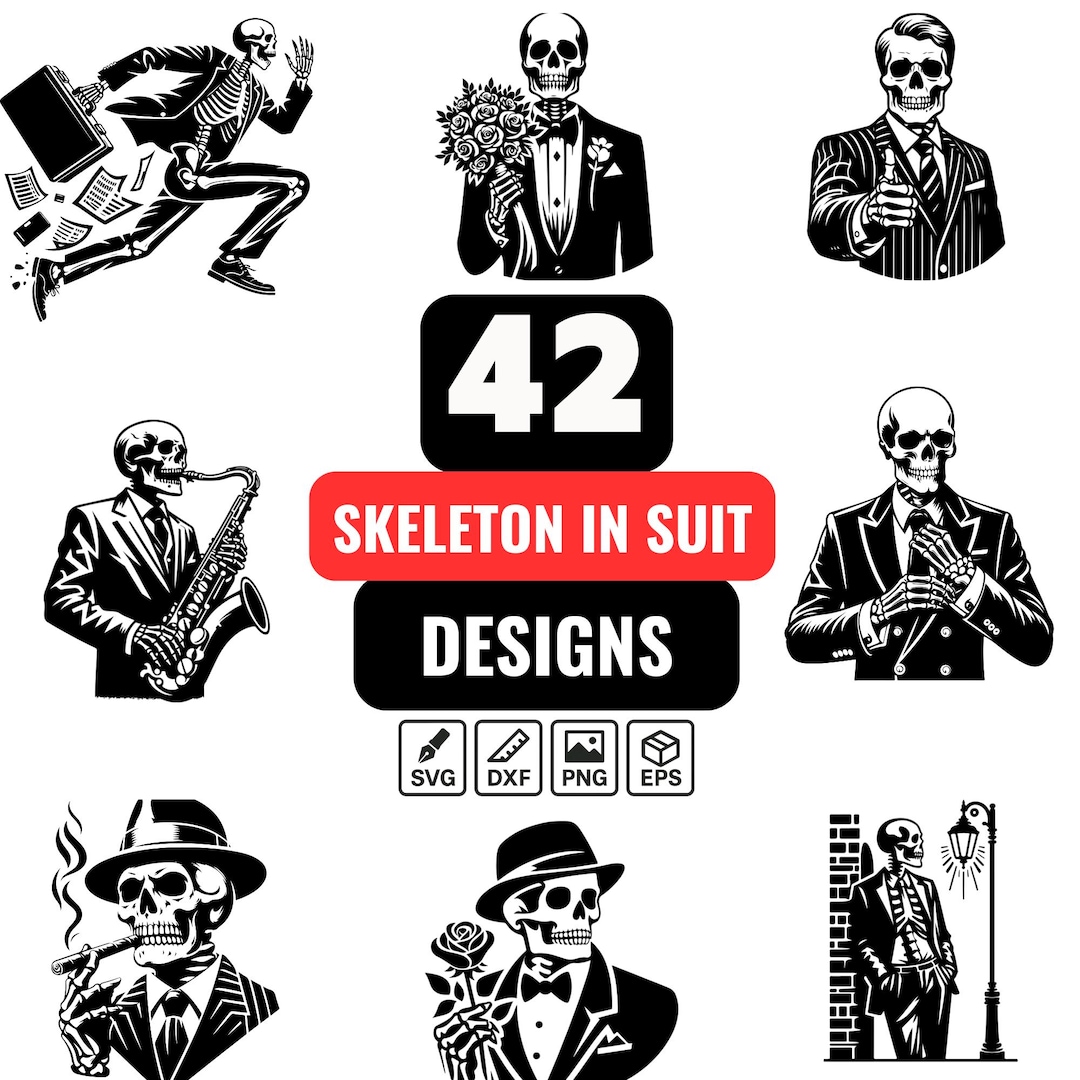 Skeleton in Suit SVG Bundle – 42 Elegant Skull Designs, Gentleman ...