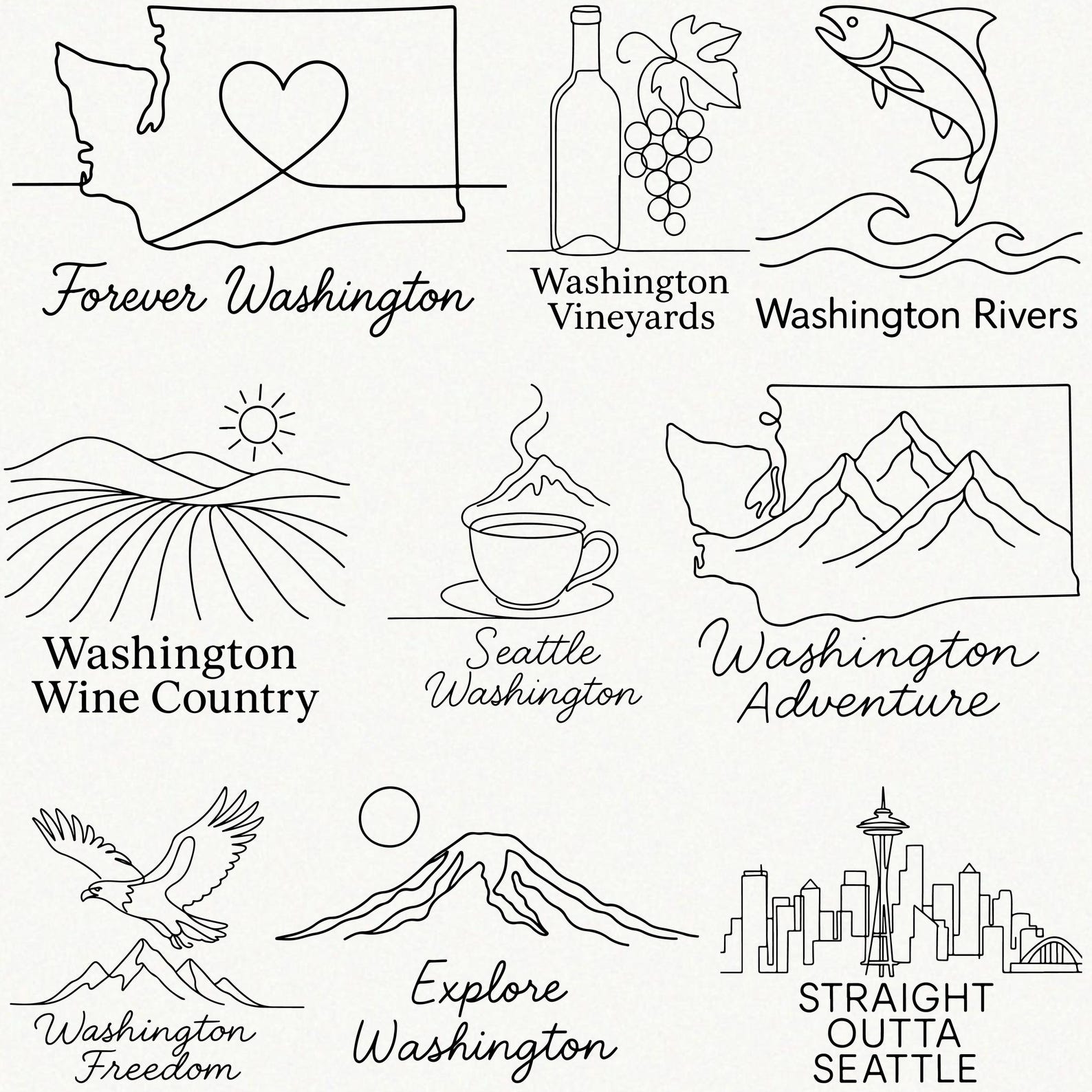 Washington Line Art SVG Bundle – 50 State Pride, Seattle Skyline ...