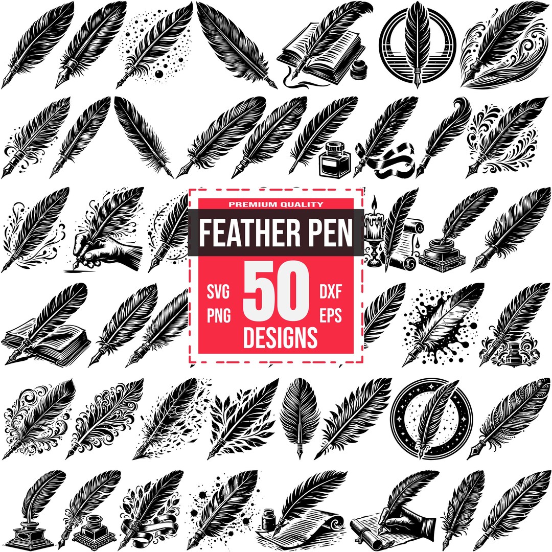 Feather Pen SVG Bundle, Calligraphy Clipart PNG, Quill Ink DXF, Vintage ...