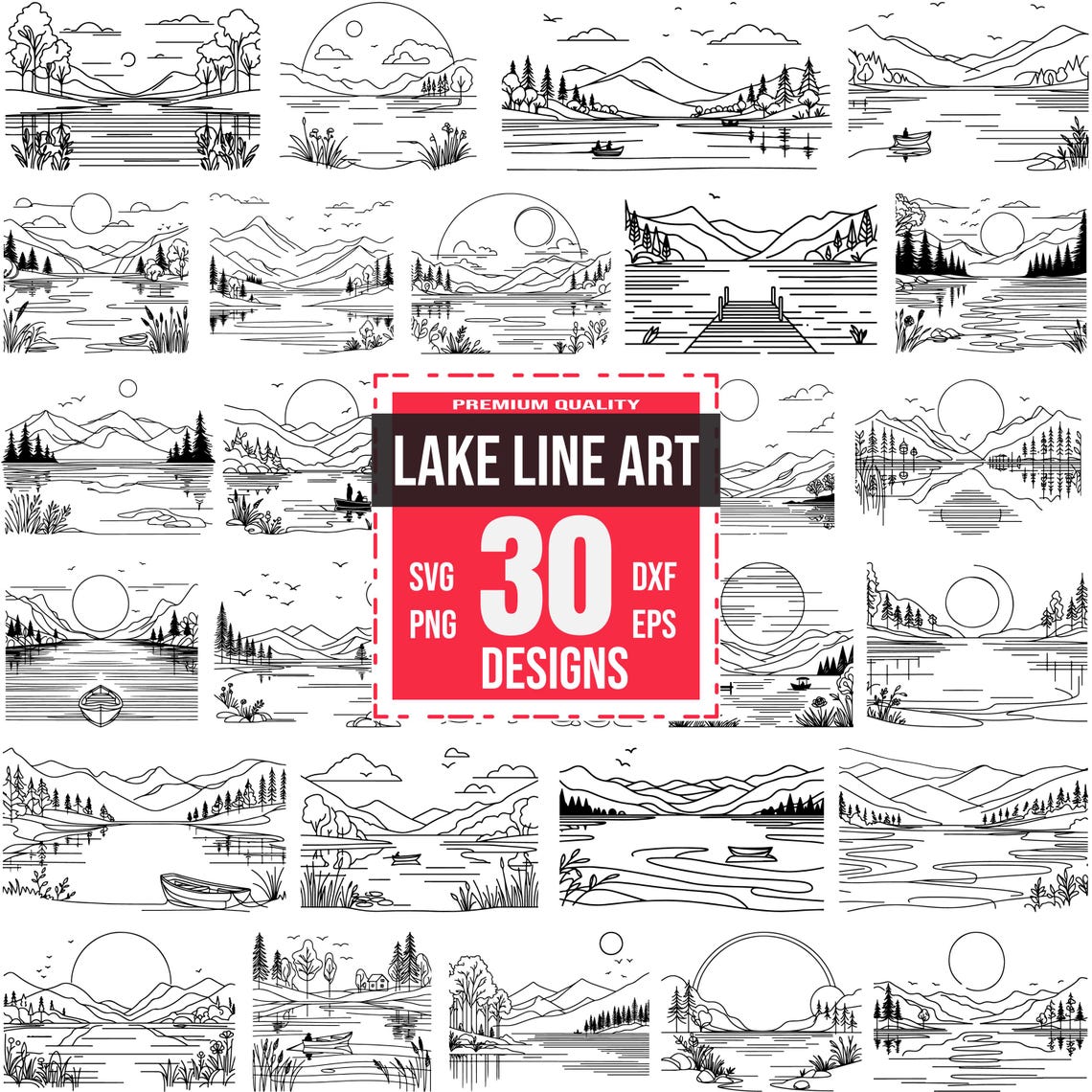 Lake Scene Line Art SVG Bundle | 30 Tranquil Nature Designs | Mountain ...