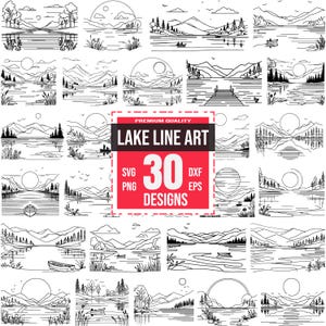 Lake Scene Line Art SVG Bundle | 30 Tranquil Nature Designs | Mountain ...