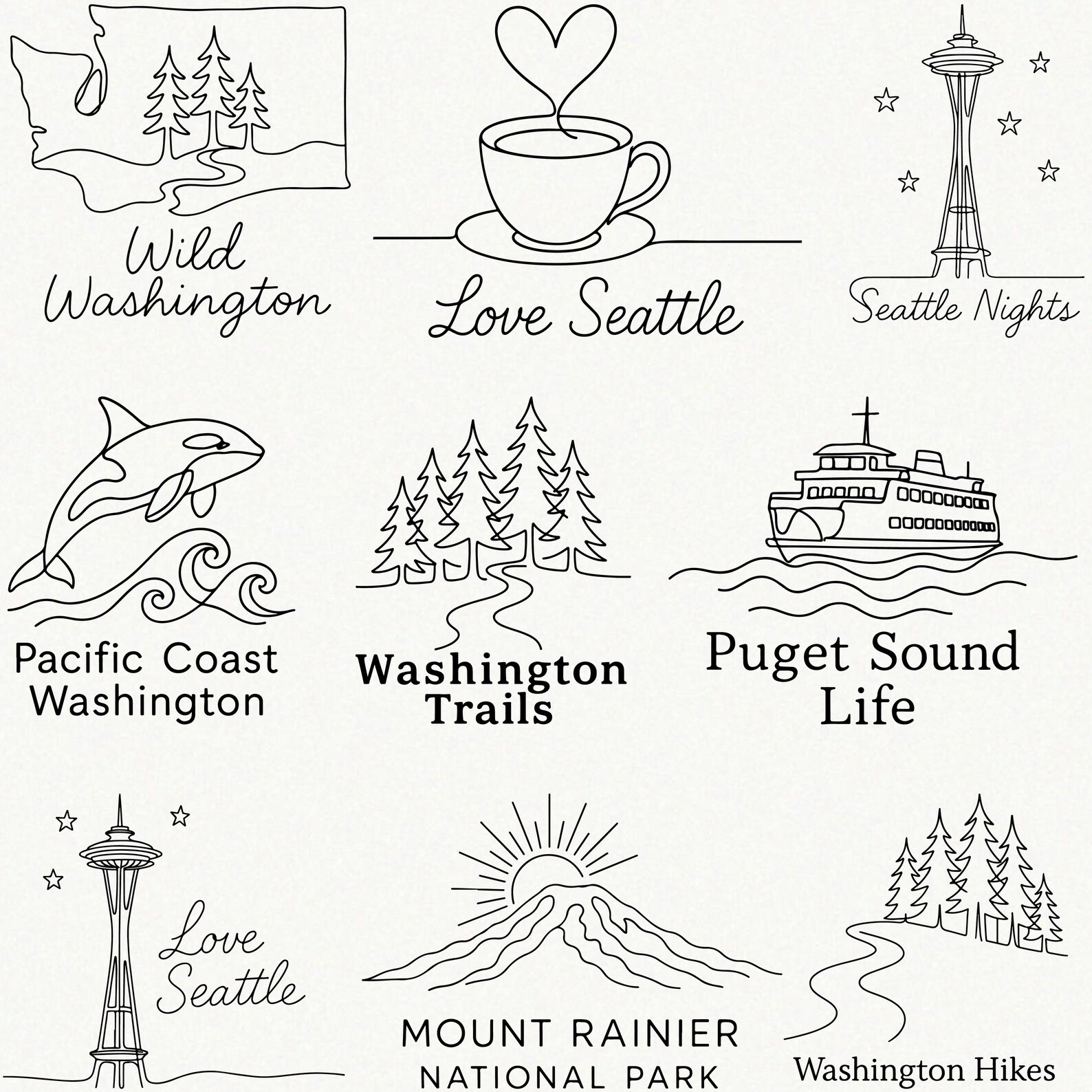 Washington Line Art SVG Bundle – 50 State Pride, Seattle Skyline ...