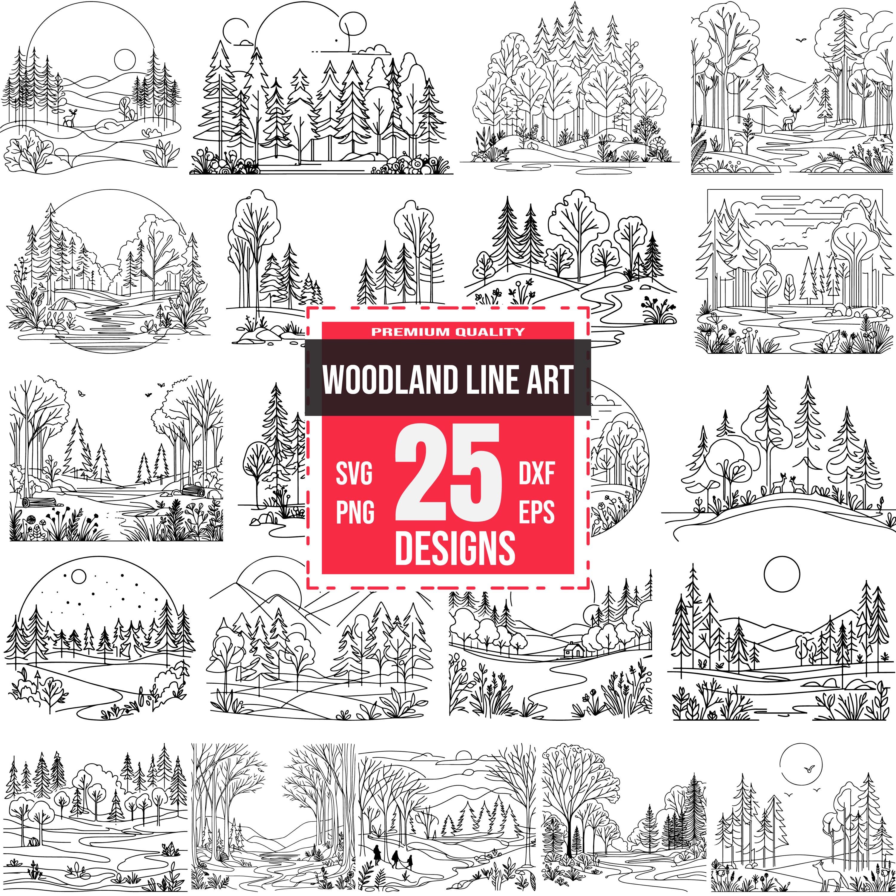 Woodland Scene Line Art SVG Bundle | 25 Nature & Forest Designs ...