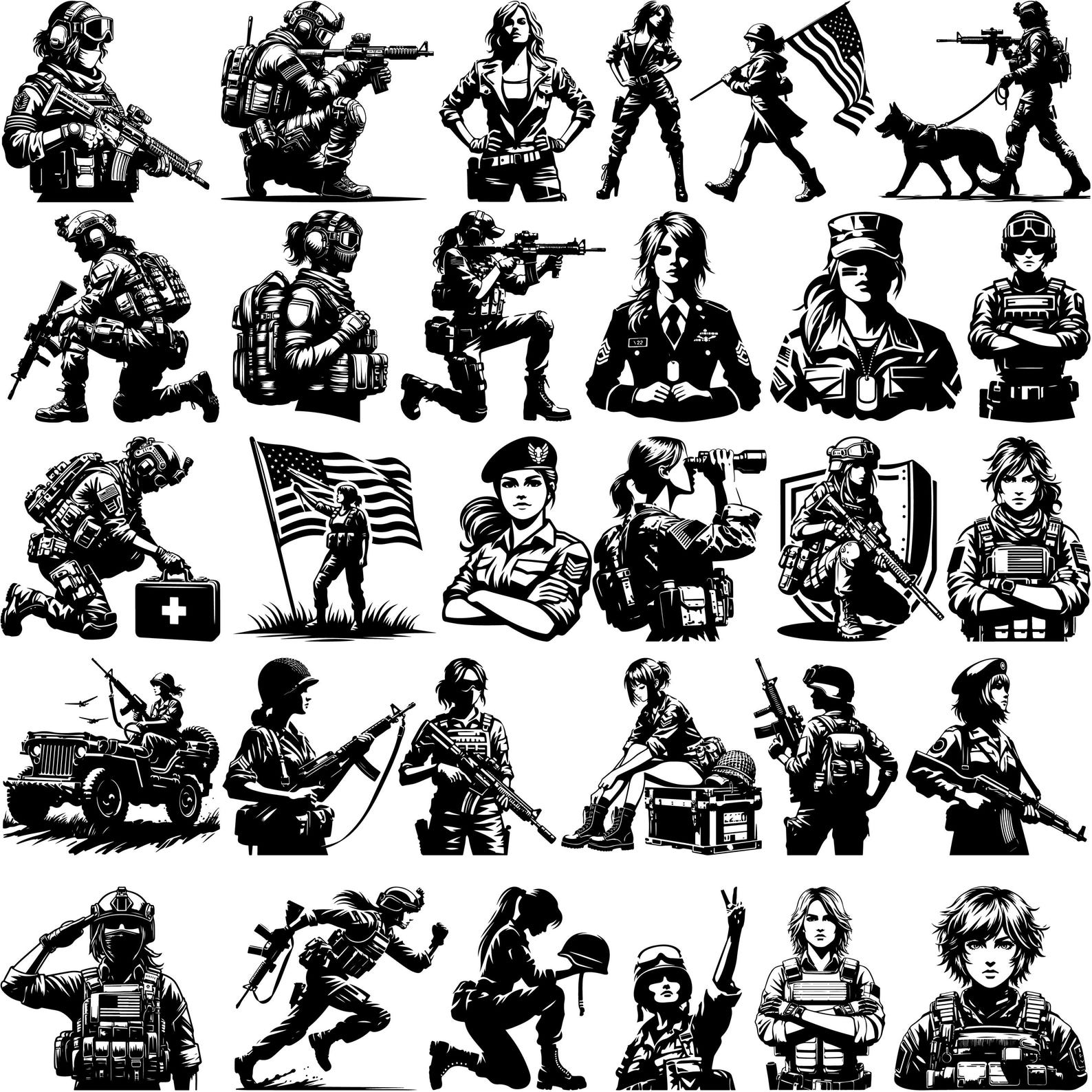 30 Military Girl SVG Bundle With Female Soldiers, Army Jeep, K9 Units ...