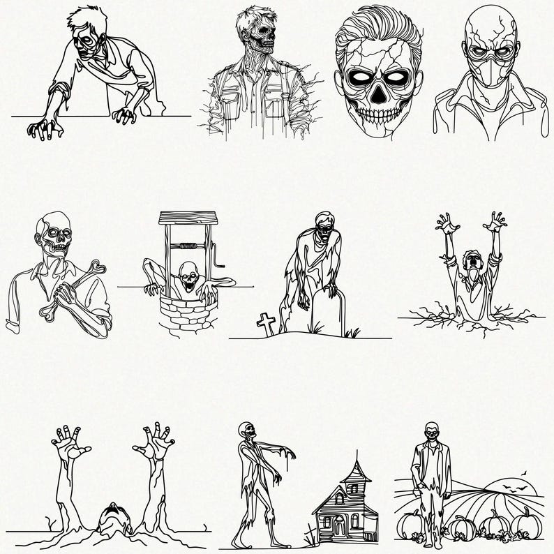 72 Zombie Line Art SVG Bundle – Unique One Line Drawing, Creepy ...