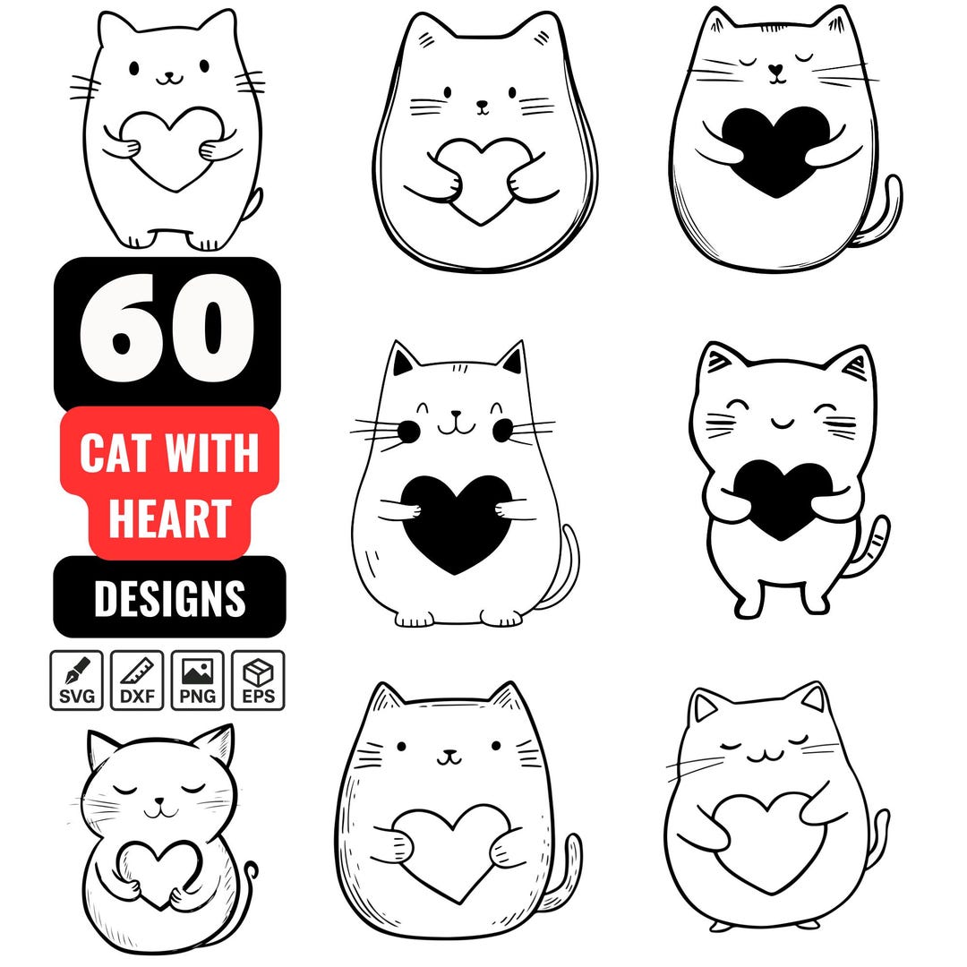 Cat With Heart SVG Bundle, 60 Kawaii Kitty Designs, Valentine Cat ...
