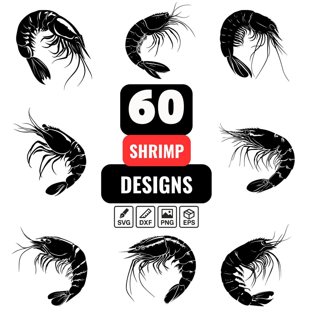 60 Shrimp SVG Bundle | Seafood Clipart PNG | Shrimp Silhouettes ...