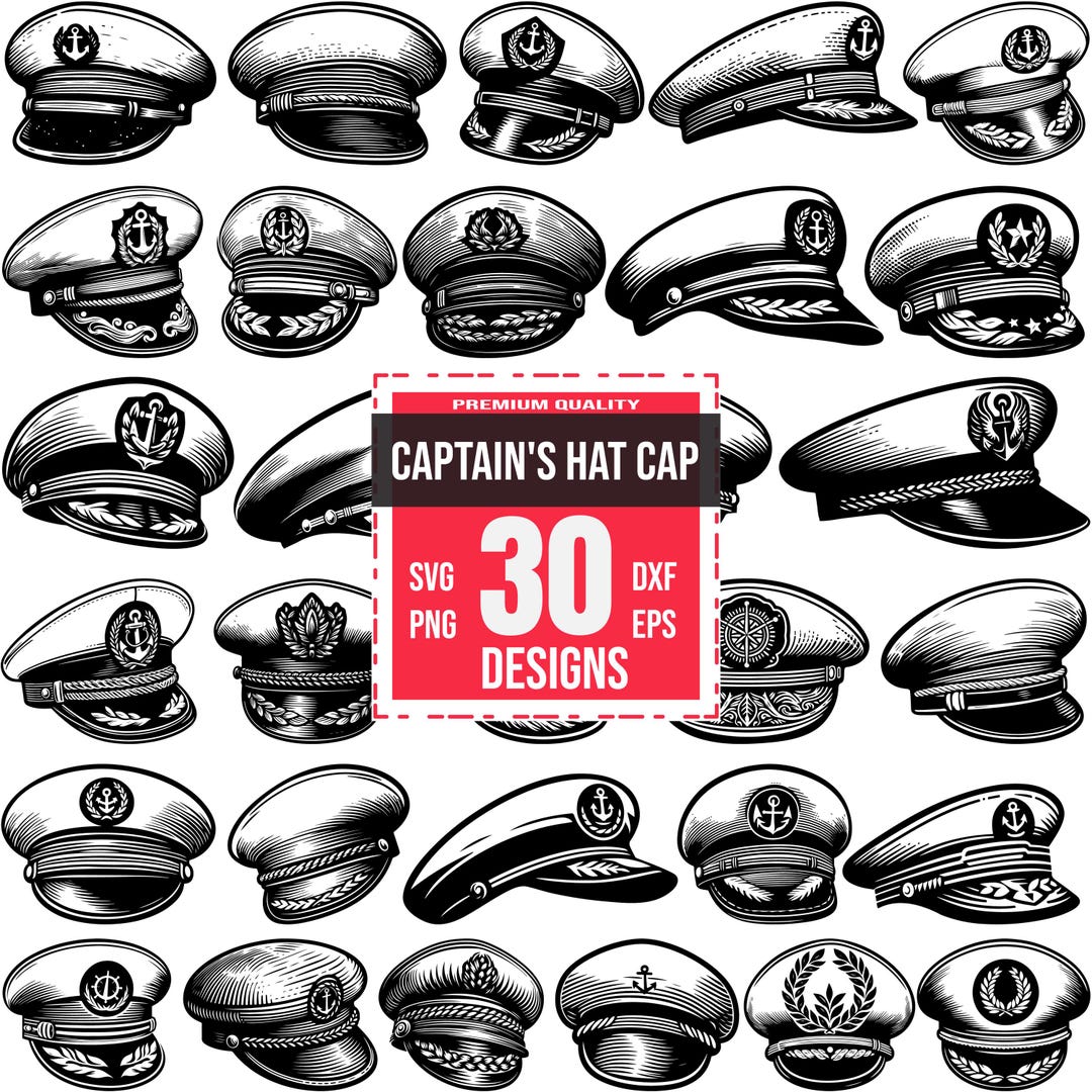 Captain's Hat SVG Bundle, 30 Nautical Cap Designs, Skipper Hat Clipart ...