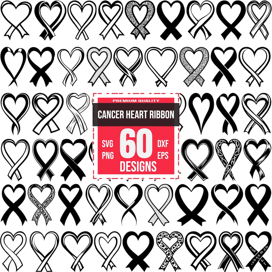 Cancer Heart Ribbon Svg Bundle, Cancer Awareness Svg, Heart Ribbon Svg ...