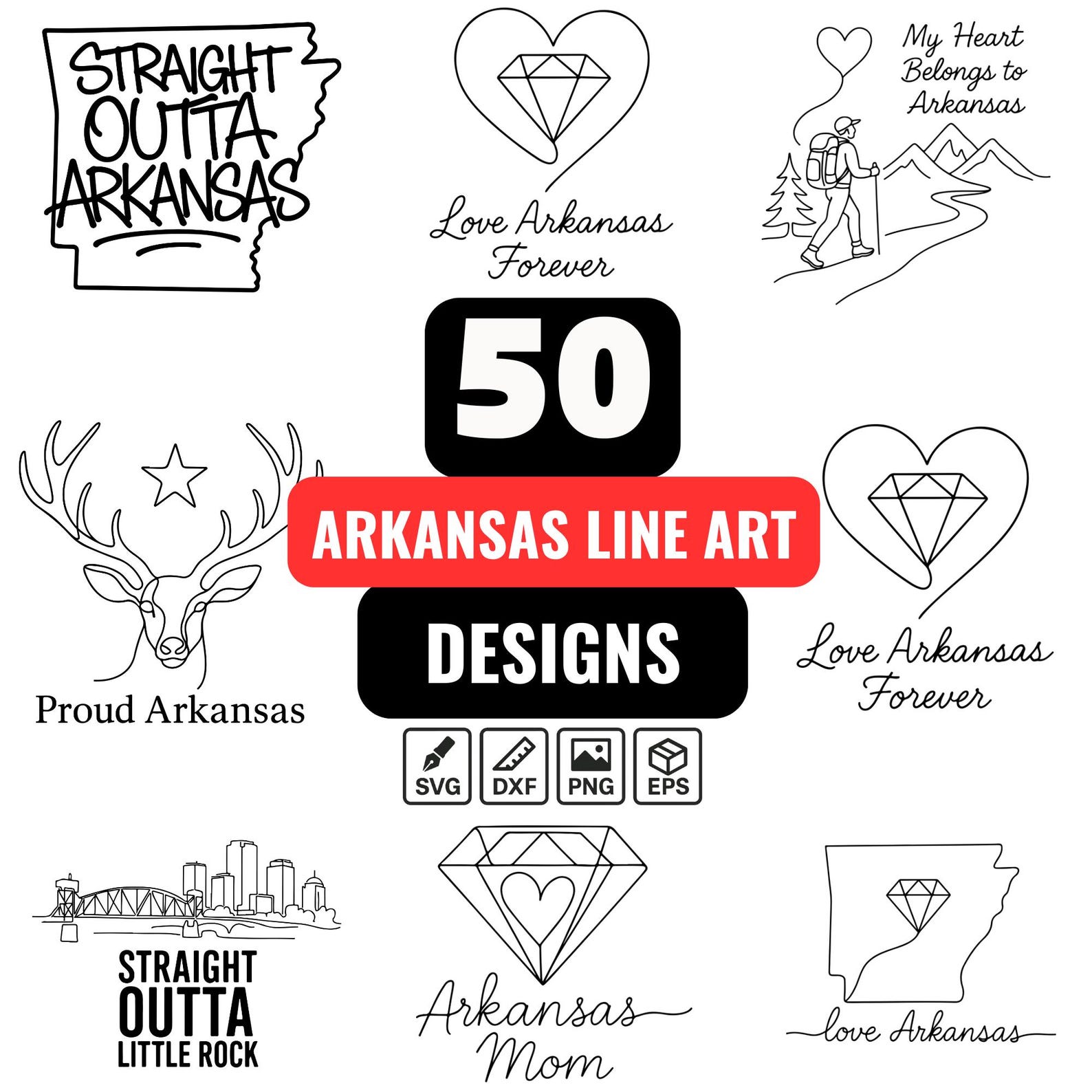 50 Arkansas Line Art SVG Bundle – State Pride, Hiking, Mom, Deer, and ...
