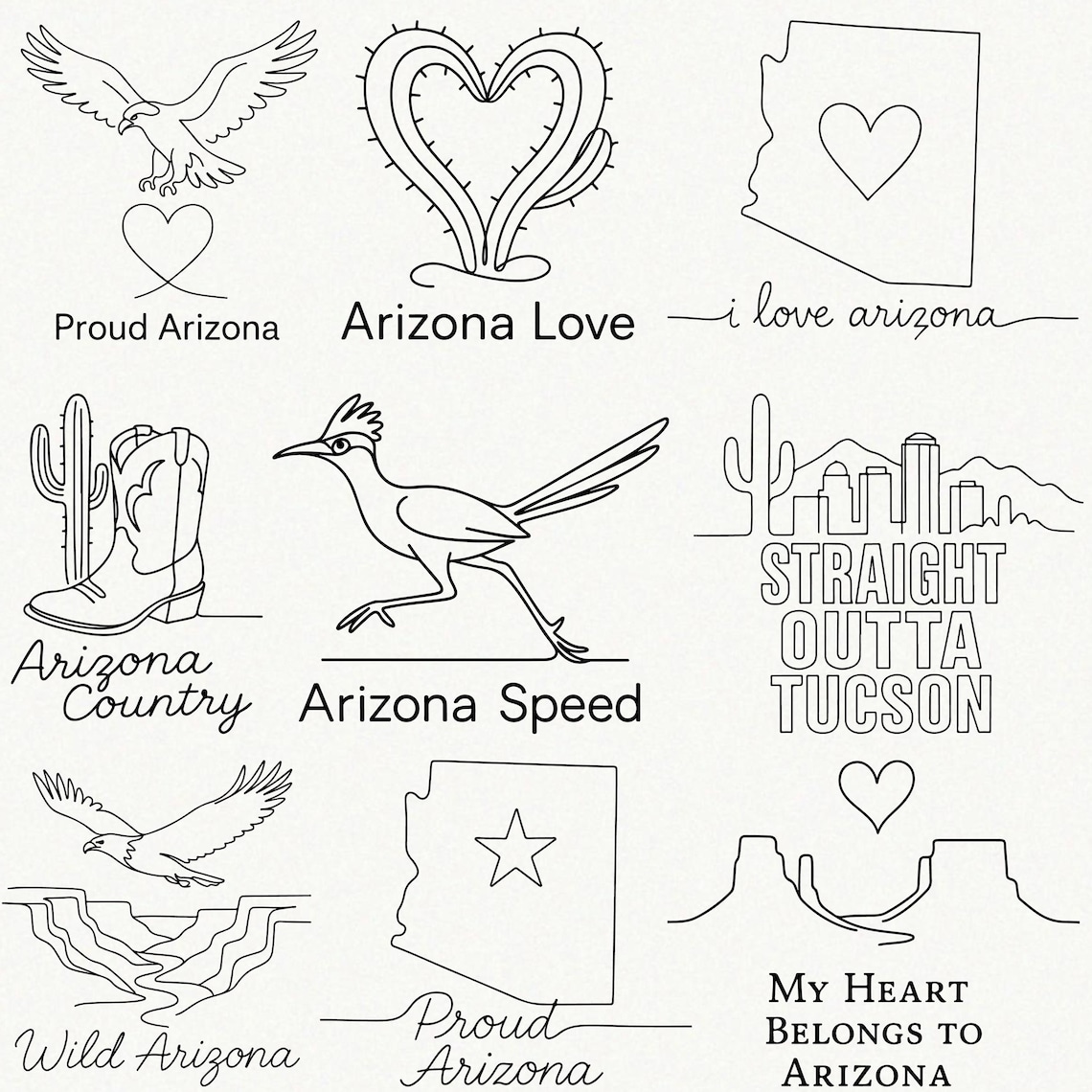 Arizona Line Art SVG Bundle – 50 Desert, Cactus, Tucson Skyline, and ...