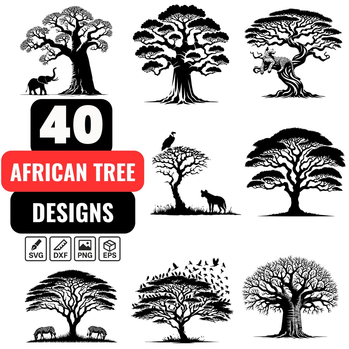 40 African Tree SVG Bundle – Baobab, Acacia & Wildlife Scene, Safari ...