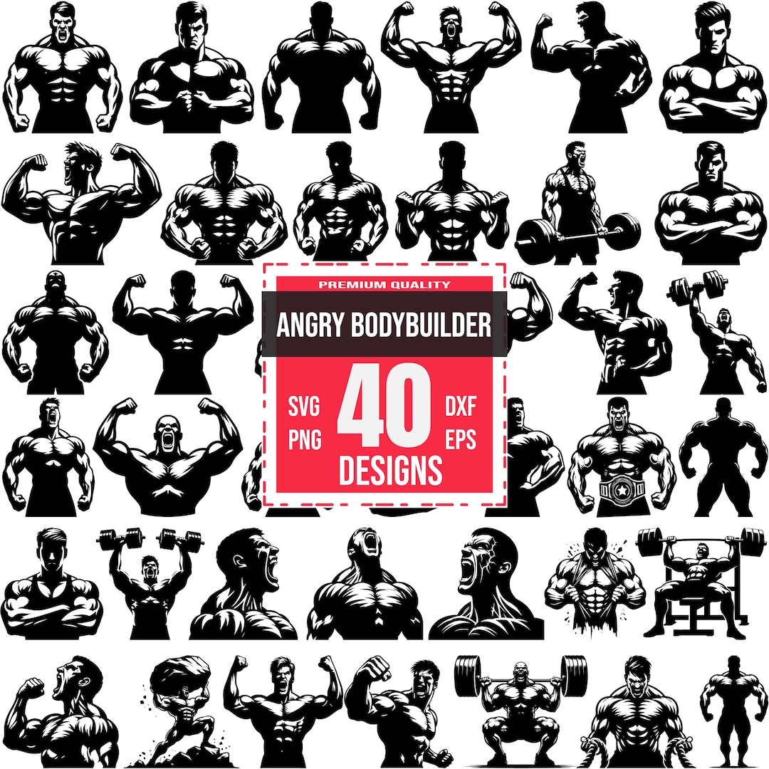 40 Angry Bodybuilder SVG Bundle, Gym Workout Clipart, Fitness Muscle ...