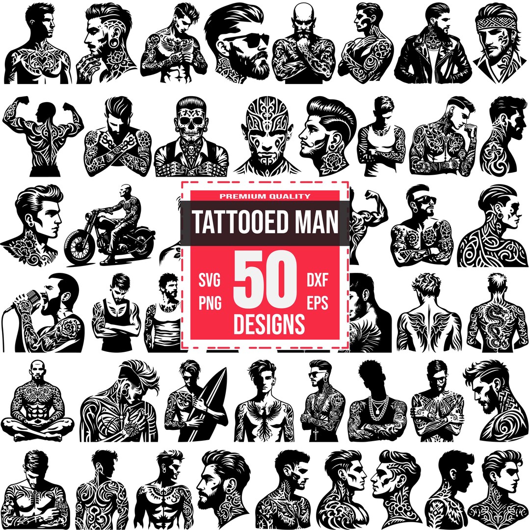 Tattooed Man SVG Bundle With 50 Bold Male Tattoo Silhouettes for Cricut ...