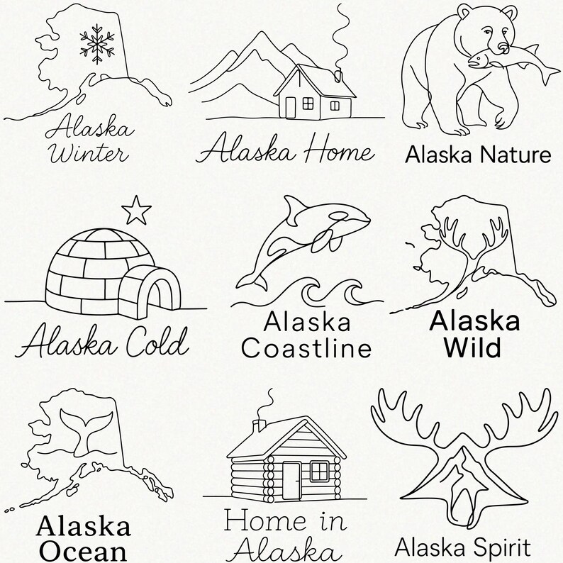 Alaska Line Art SVG Bundle – 50 State Pride, Wildlife, Fishing, and ...
