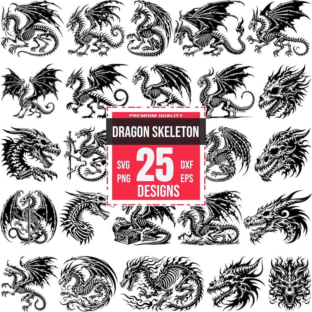 25 Dragon Skeleton SVG Bundle, Gothic Dragon PNG, Fantasy Skull DXF ...