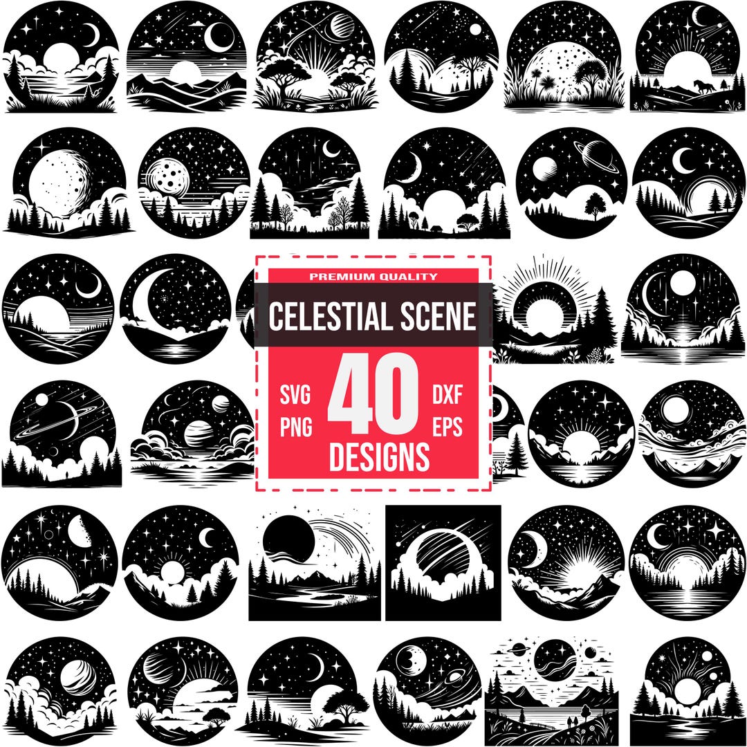 40 Celestial Scene SVG Bundle, Moon and Stars PNG, Cosmic Landscape DXF ...