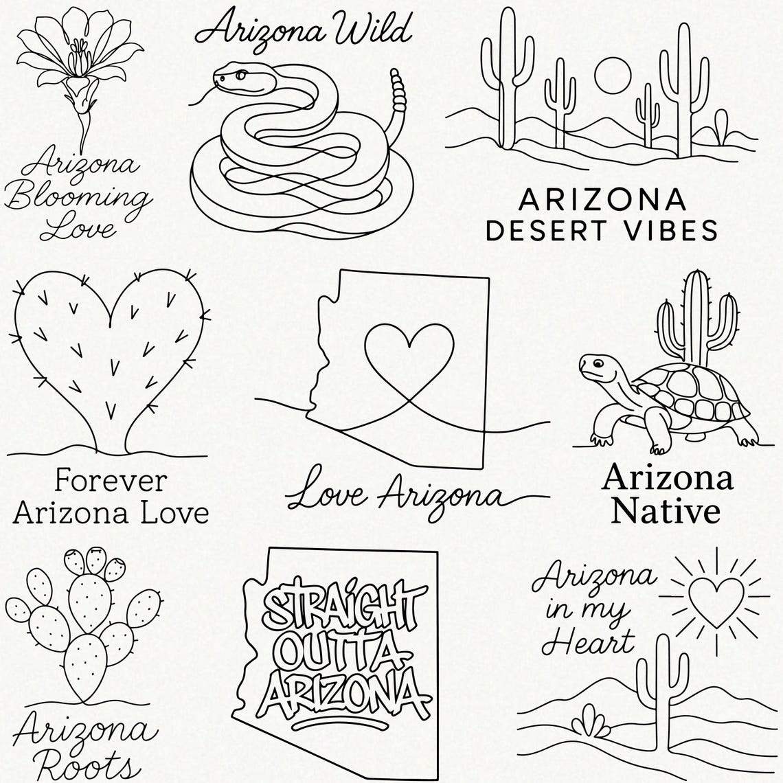 Arizona Line Art SVG Bundle – 50 Desert, Cactus, Tucson Skyline, and ...