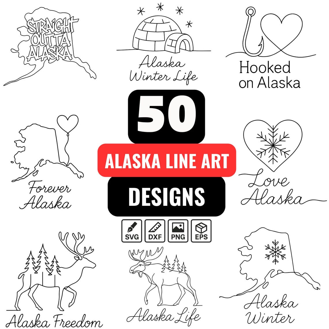 Alaska Line Art SVG Bundle – 50 State Pride, Wildlife, Fishing, and ...