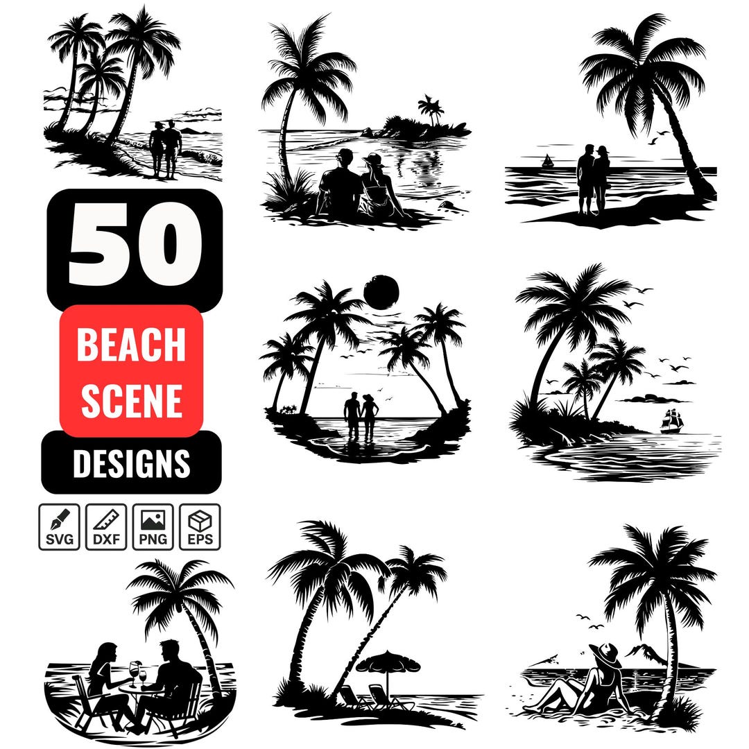 Beach Scene SVG Bundle, 50 Tropical Beach Designs,palm Tree and Ocean ...