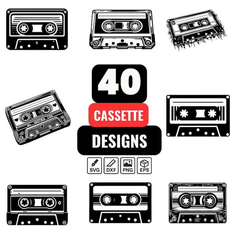 Cassette SVG Bundle | 40 Retro Tape Designs | Vintage Music, 80s ...