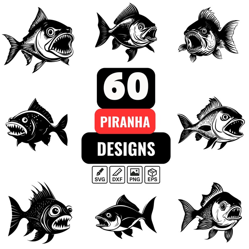 Piranha Svg Bundle, Aquatic Svg, Predator Fish Svg, Piranha Design ...