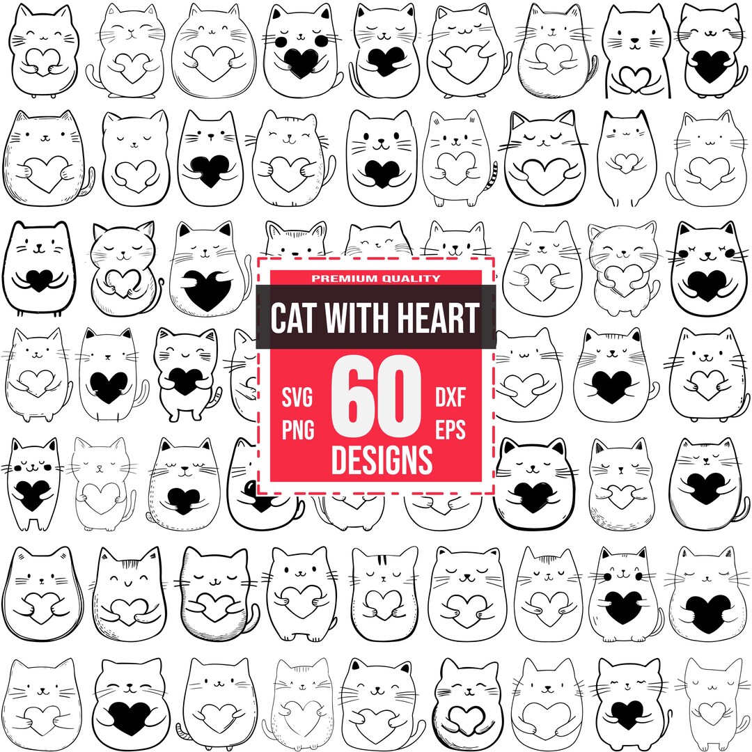 Cat With Heart Svg Bundle, Cat With Heart Png, Love Cat Svg, Valentine ...