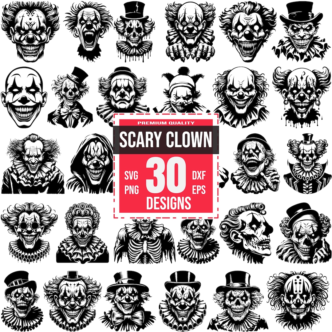 Scary Clown SVG Bundle With 30 Creepy Halloween Horror Clown Faces for ...