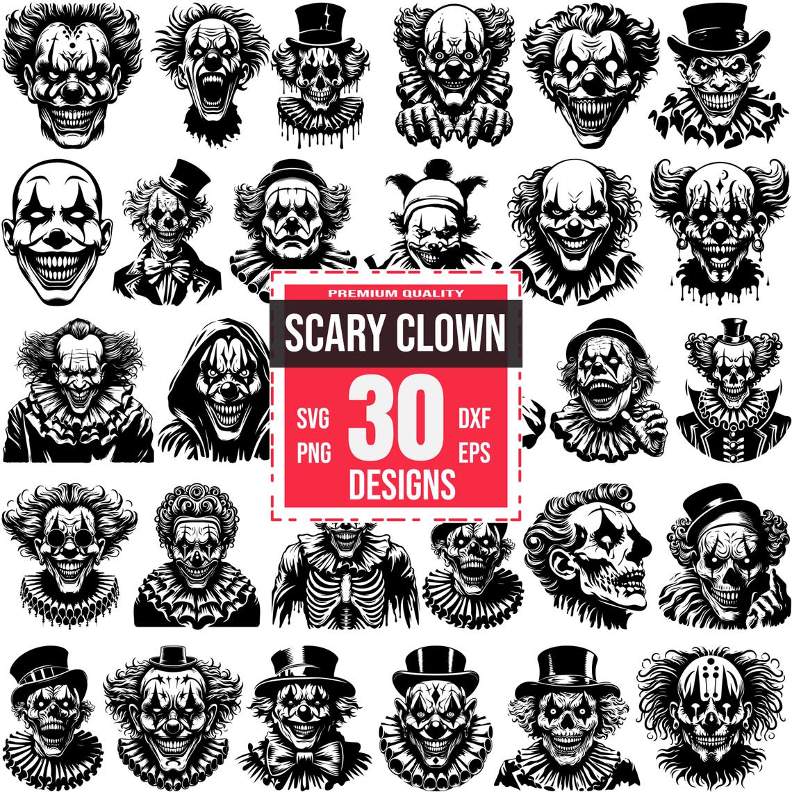 Scary Clown SVG Bundle With 30 Creepy Halloween Horror Clown Faces for ...