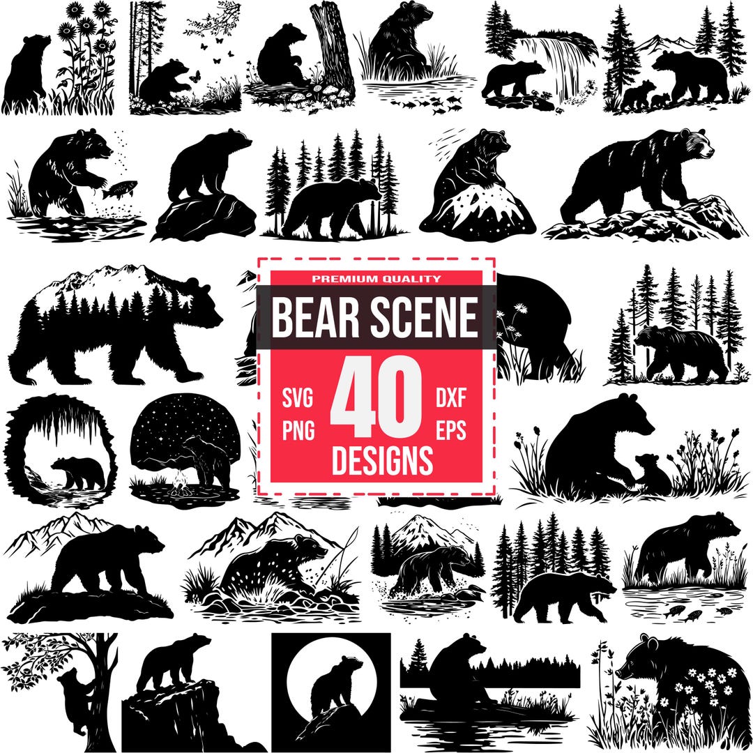 Bear Scene Svg Bundle, Wilderness Bear Png, Bear and Mountains Svg ...