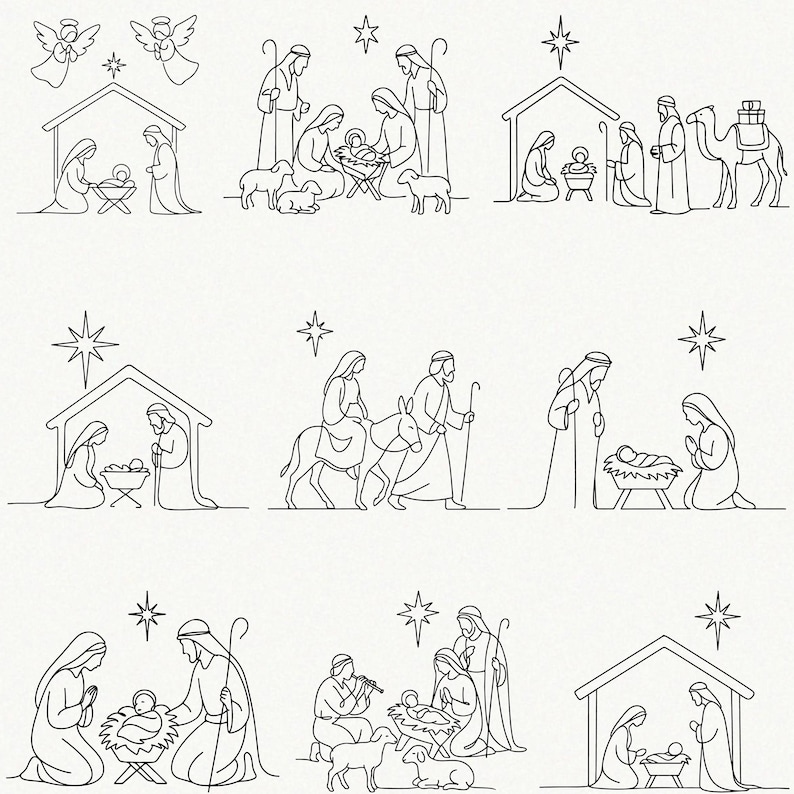 Nativity Scene Line Art Bundle | One Line Drawings for Cricut | Modern ...
