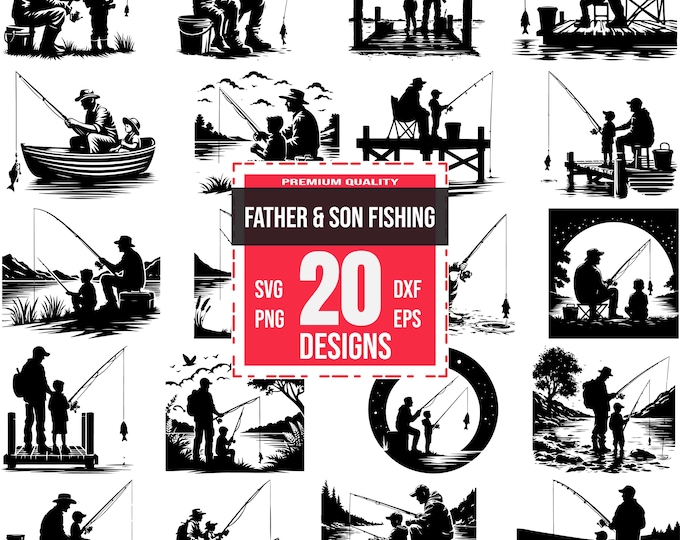 5 Lake Fishing SVG Cut File, Father and Son Silhouette by Water ...
