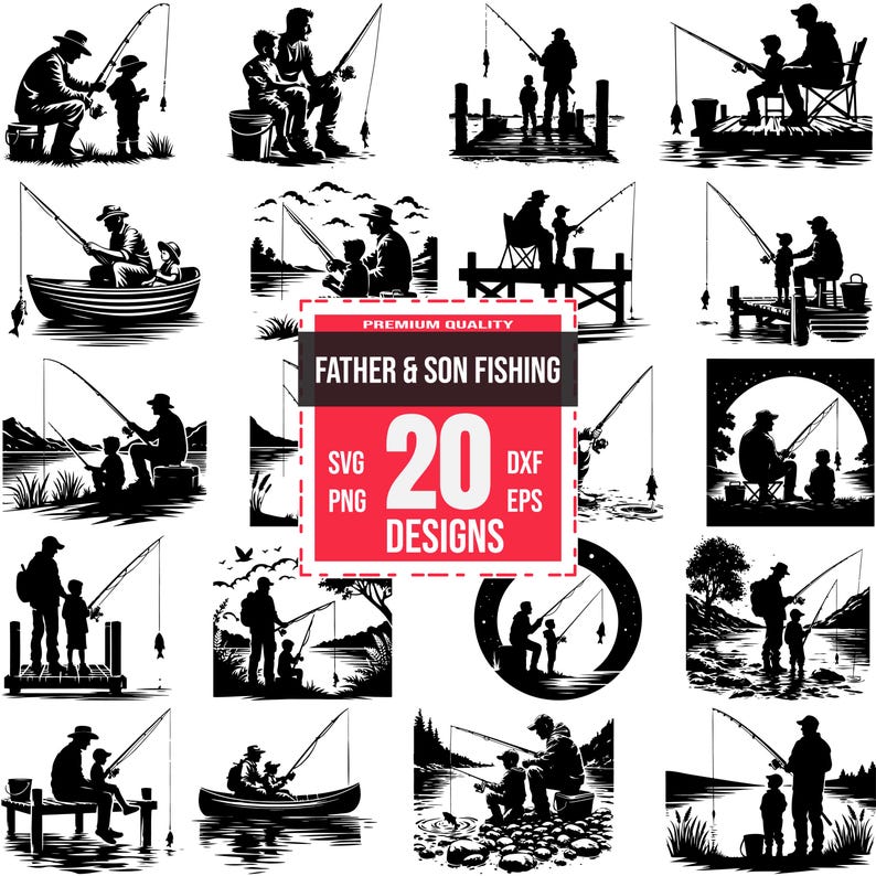 Father and Son Fishing SVG Bundle, Fishing Silhouette PNG, Lake Fishing ...