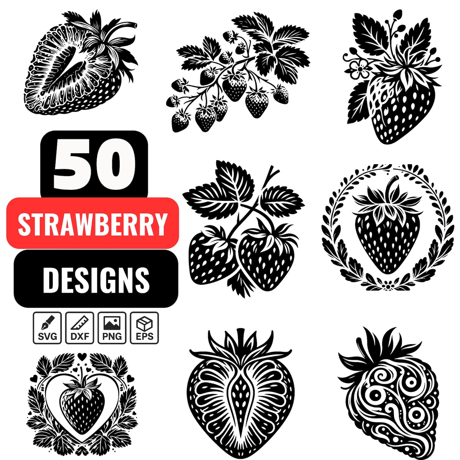50 Strawberry SVG Bundle, Hand-drawn Fruit Clipart, Botanical Berry ...