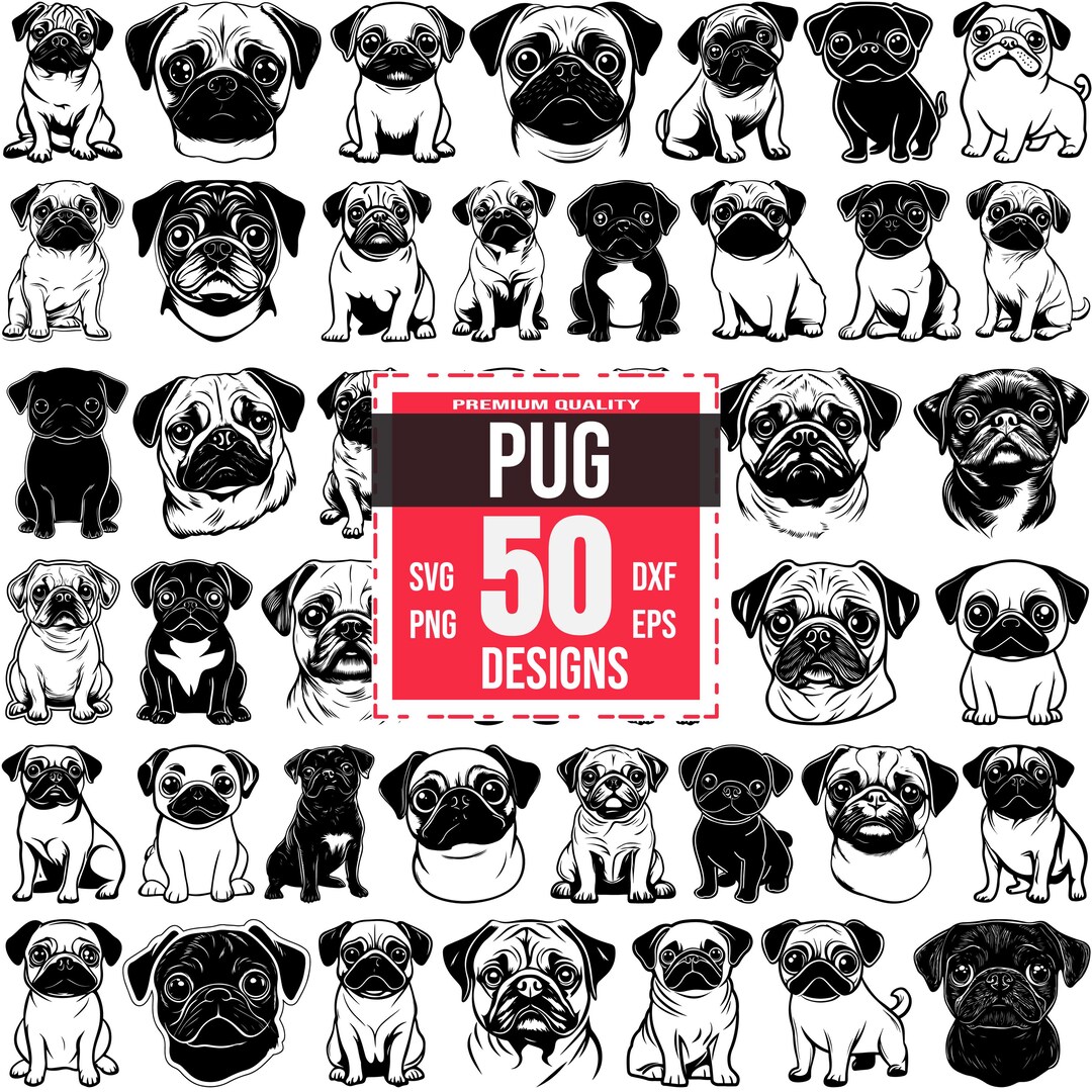 Pug Svg Bundle, Pug Png, Pug Dxf, Pug Puppy Svg, Pug Outline, Pug Face ...