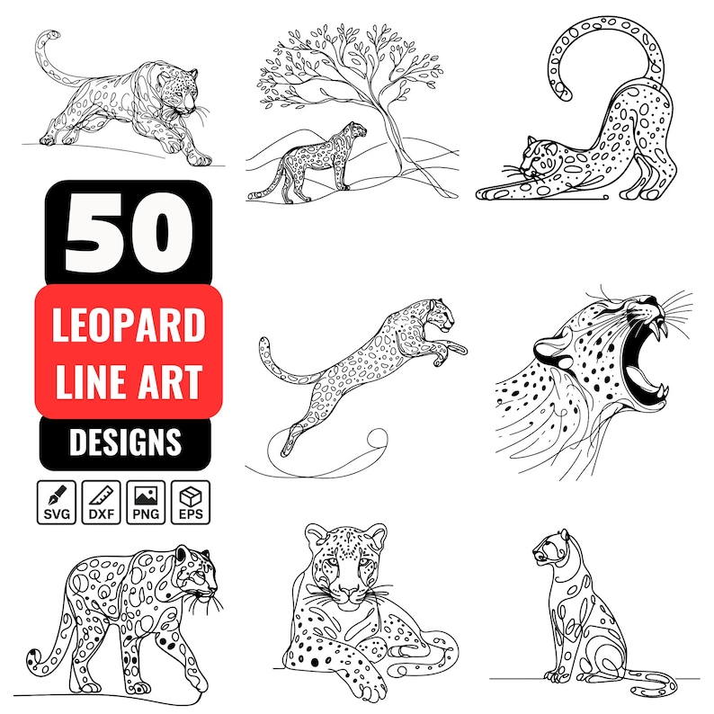 Leopard Line Art SVG Bundle | 50 Leopard Clipart Designs | Wild Cat ...