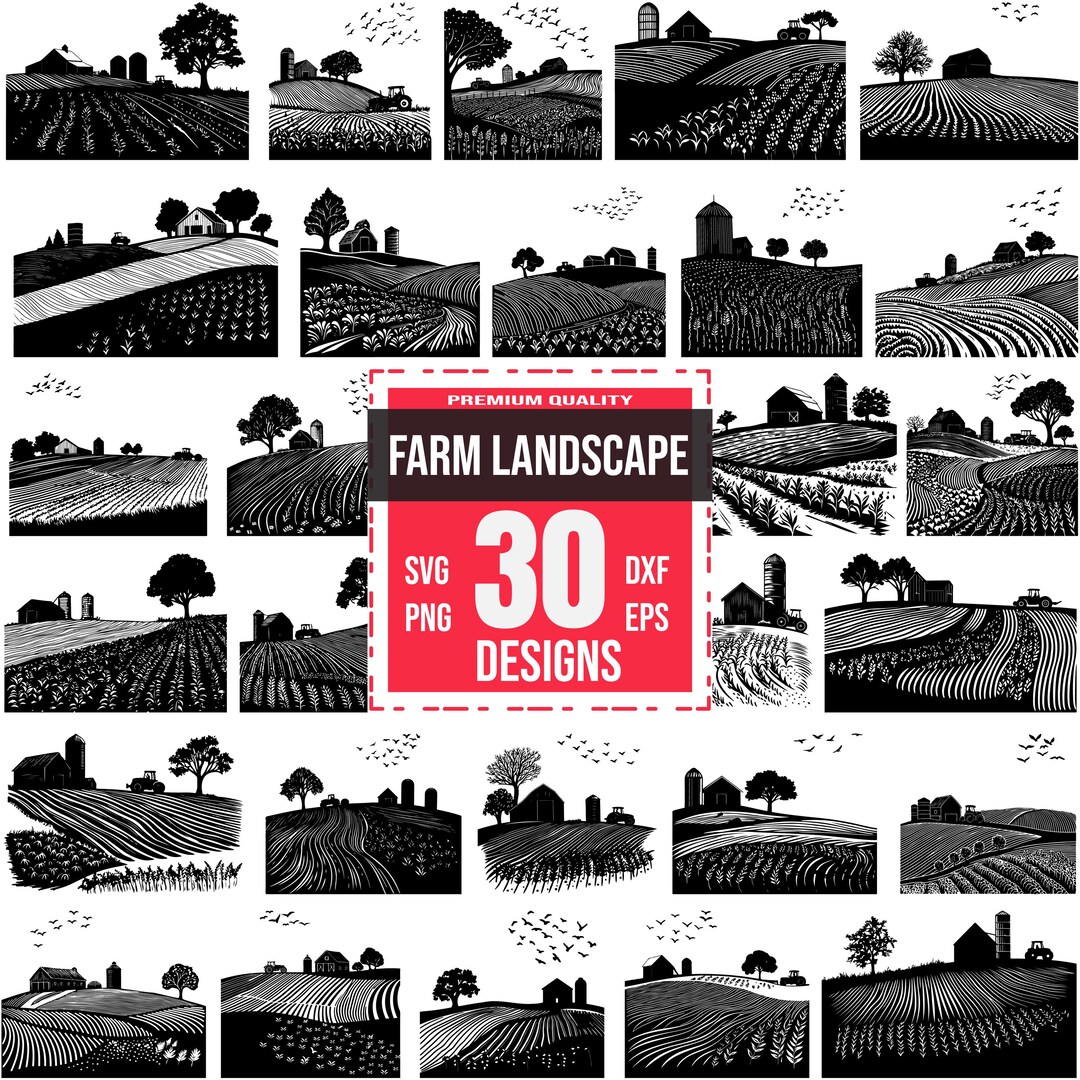Farm Landscape Svg Bundle, Farm Landscape Dxf, Barn and Field Svg, Farm ...