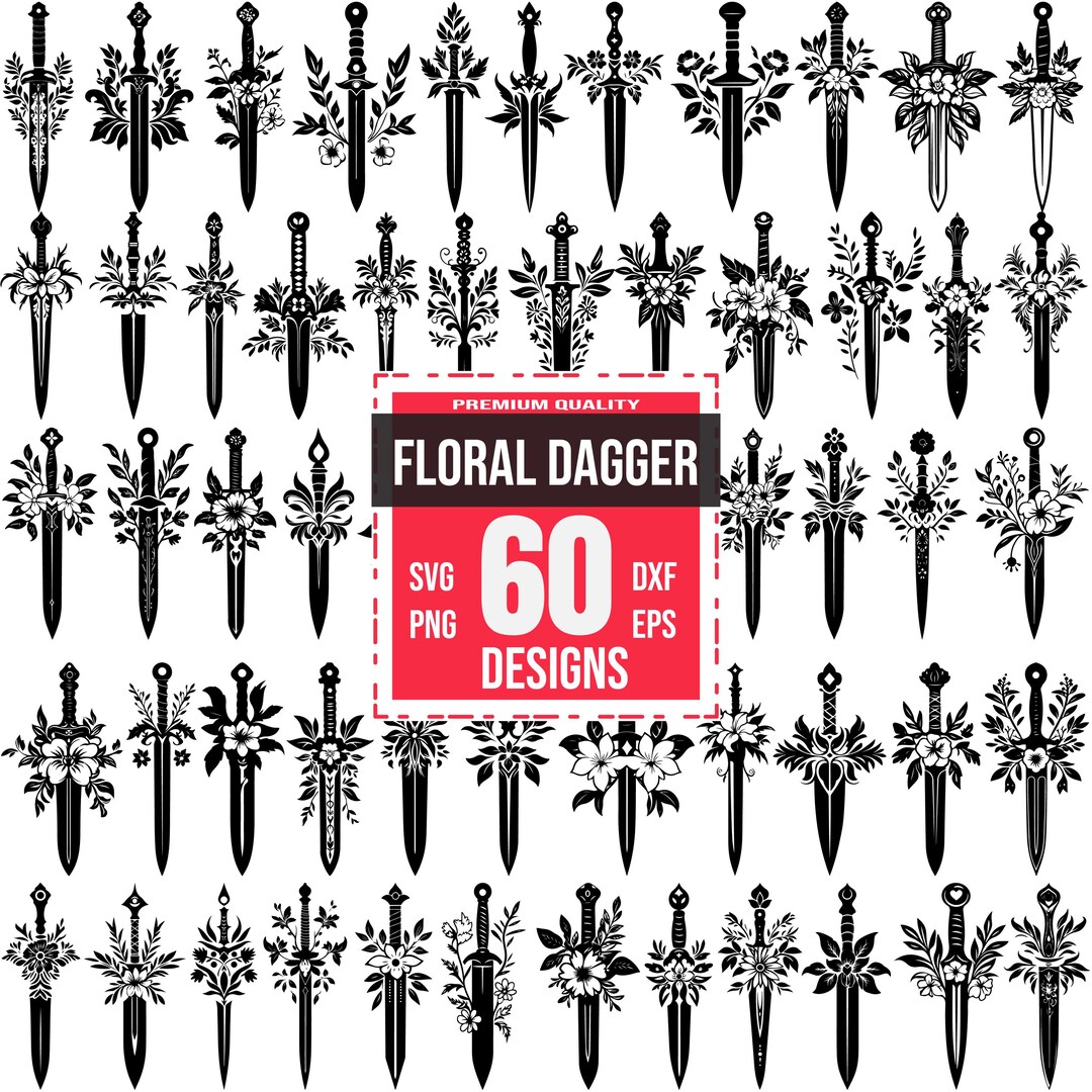 Floral Dagger Svg Bundle, Dagger Clipart, Floral Weapon Svg, Dagger ...