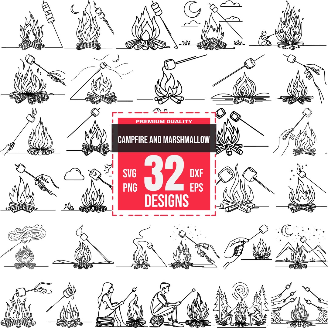 32 Marshmallow & Campfire Designs | Camping, Bonfire, S’mores, Line Art ...