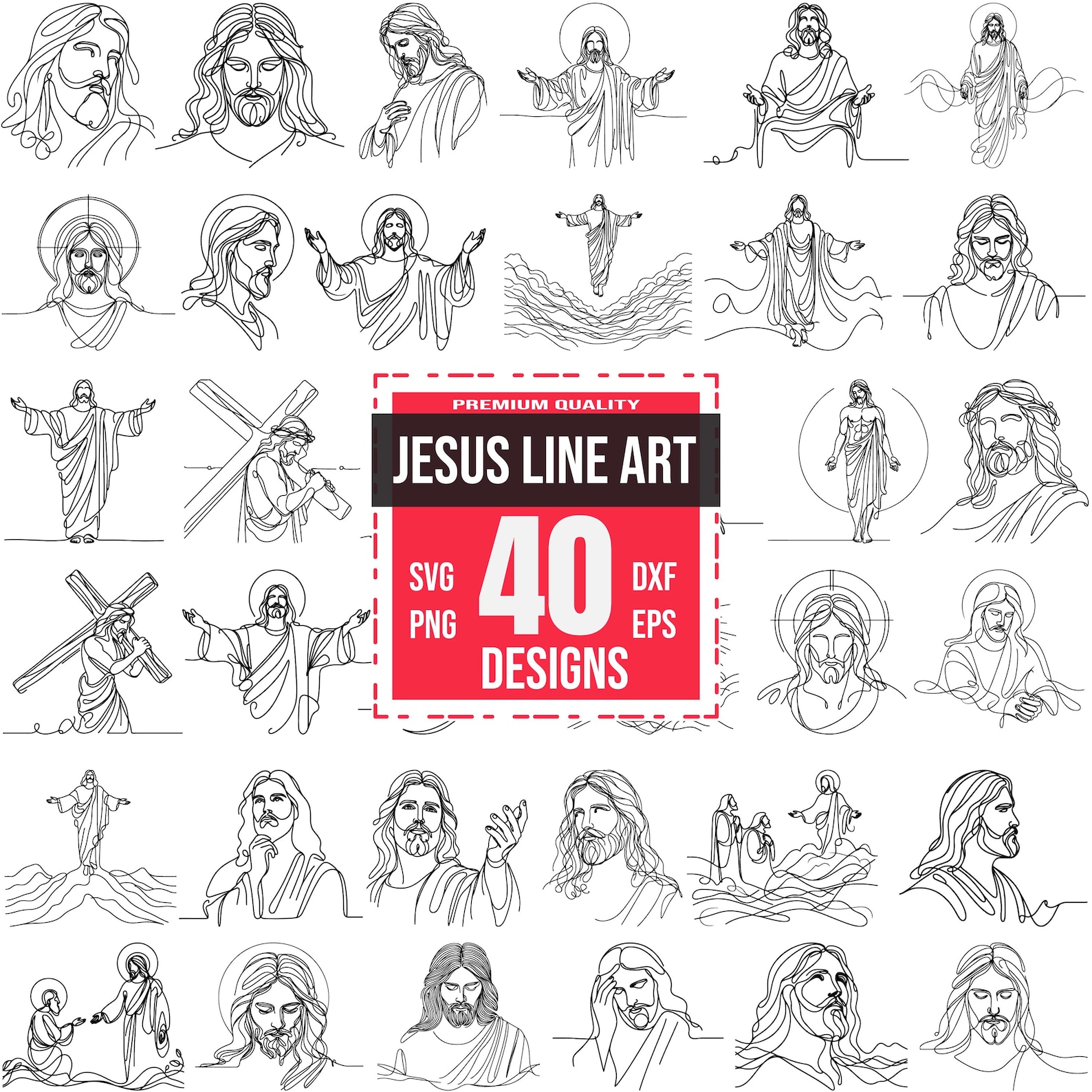 Paquete SVG de arte lineal de Jesús / 40 diseños religiosos y de fe ...