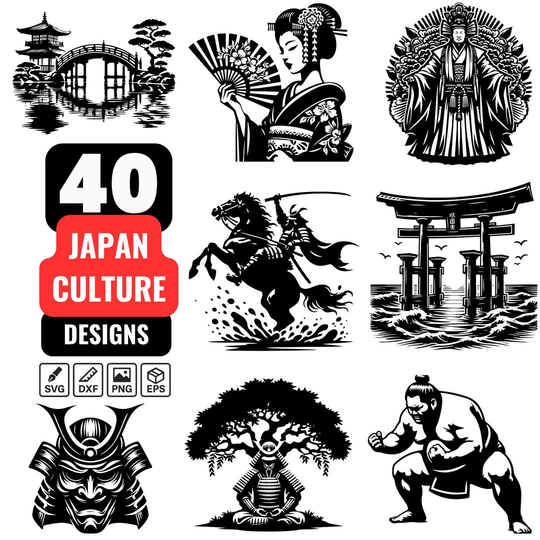 Japanese Culture SVG Bundle Samurai Geisha Torii Gate Sumo Bonsai ...